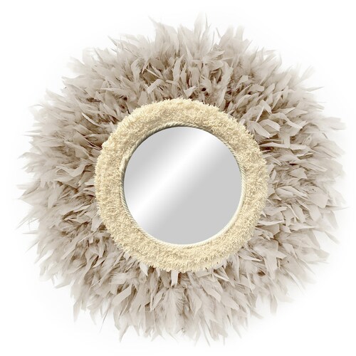 Round Black Mirror With Cotton and Feathers Boho Mirror Wall - Etsy