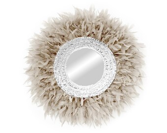 White Round Mirror With Cotton and Feathers Boho Mirror Wall - Etsy