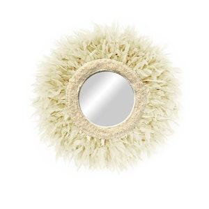 Round Black Mirror With Cotton and Feathers, Boho Mirror, Wall ...