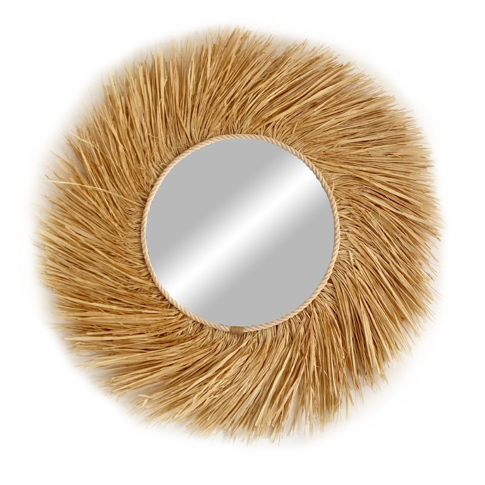Raffia Round Mirror Wall Decor, Boho Raffia Mirror, Decorative Mirror ...
