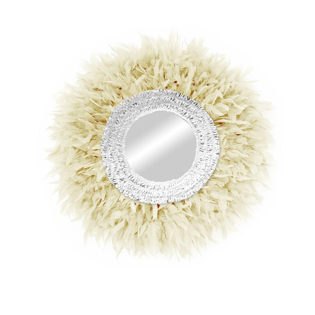 Cream Round Mirror With Cotton and Feathers, Boho Mirror, Wall ...