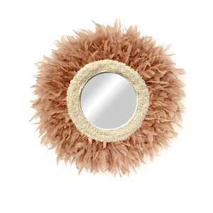 Round Black Mirror With Cotton and Feathers, Boho Mirror, Wall ...