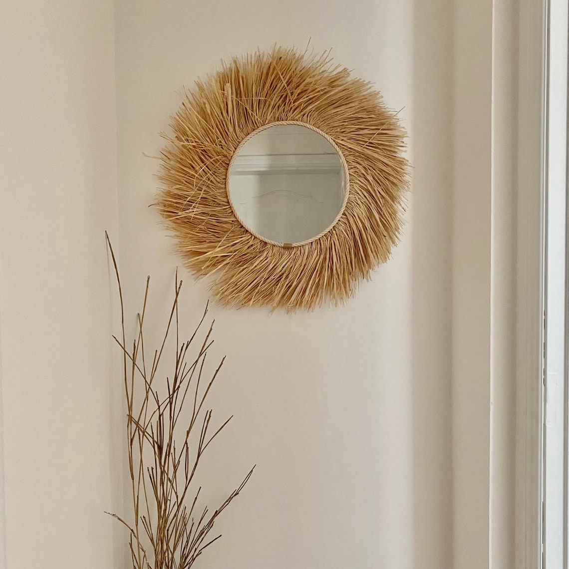 Raffia Round Mirror Wall Decor Boho Raffia Mirror Decorative - Etsy