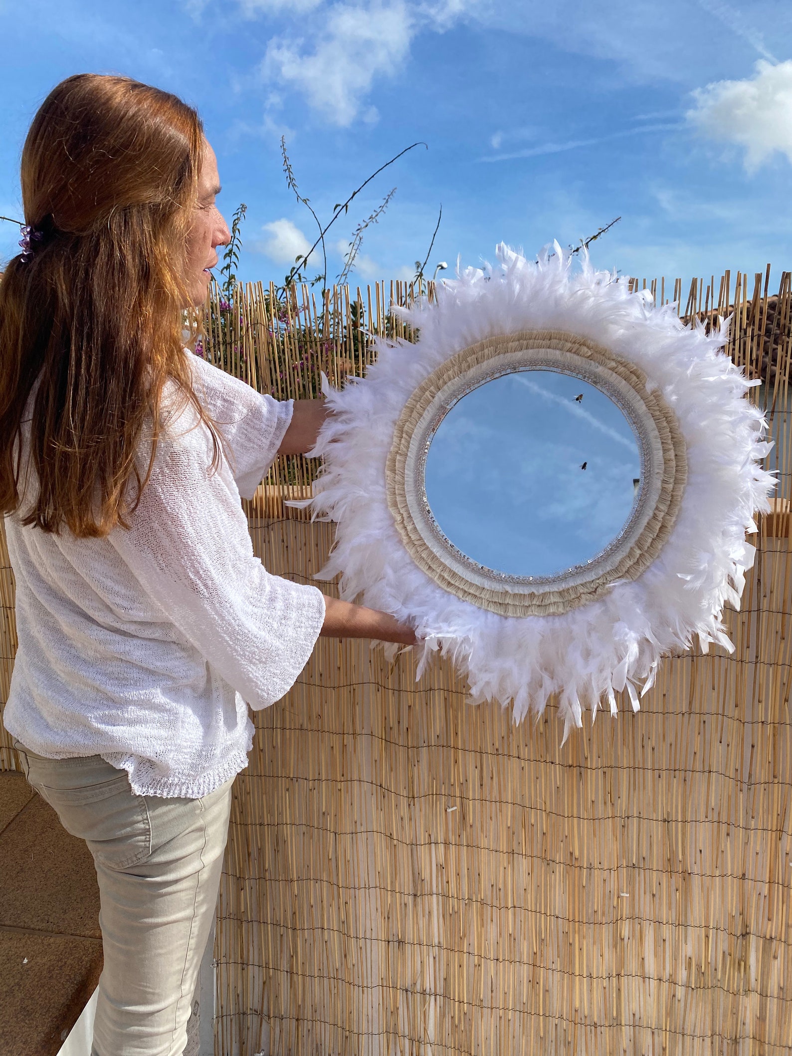 Feather Round Mirror Wall Decor Boho Mirror Wall Decor Wall - Etsy
