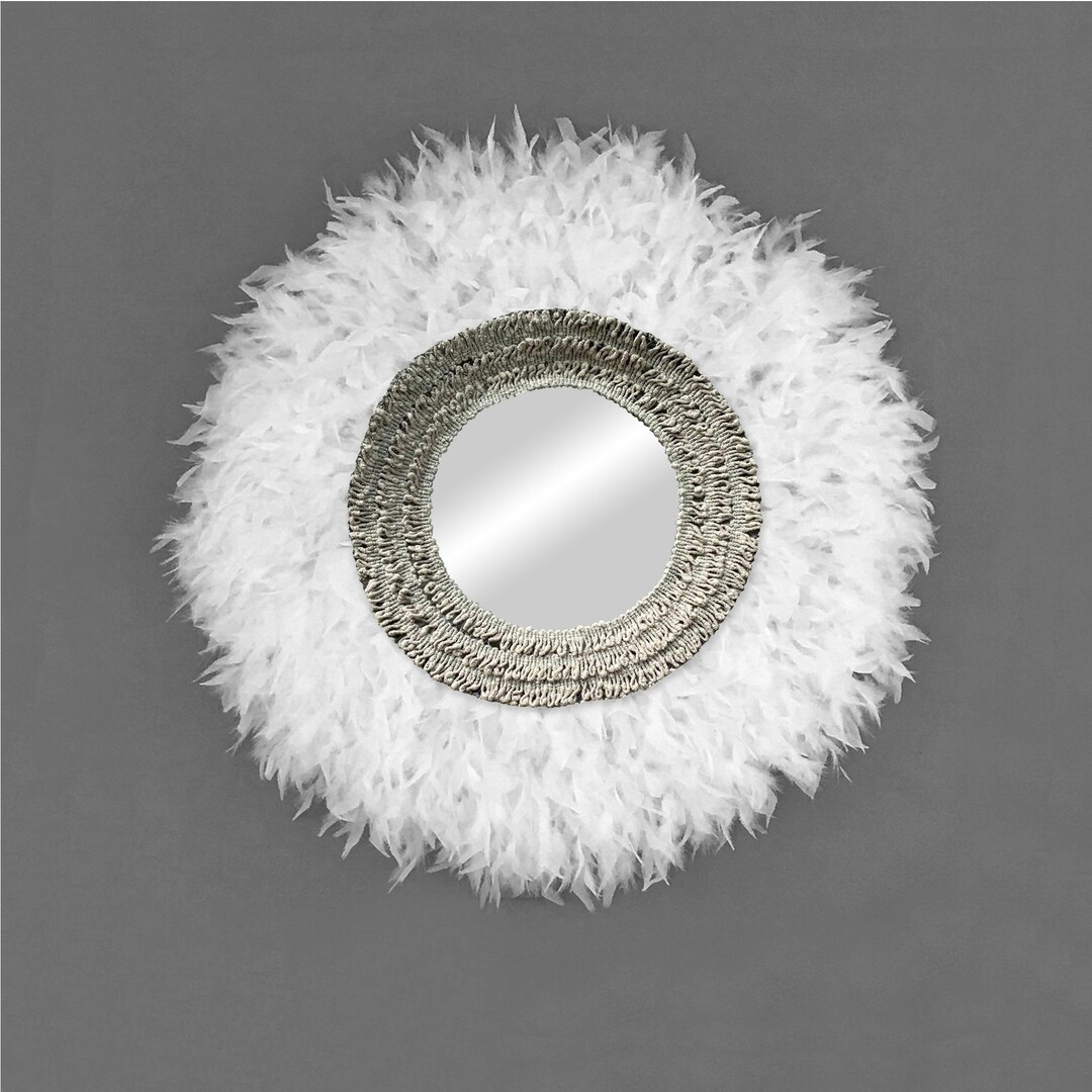 White Round Mirror With Cotton and Feathers, Boho Mirror, Wall ...