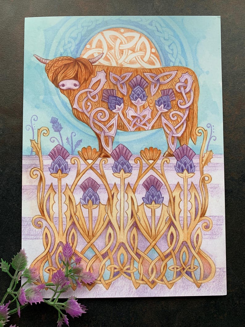 Celtic Highland Cow Greetings Card - Etsy