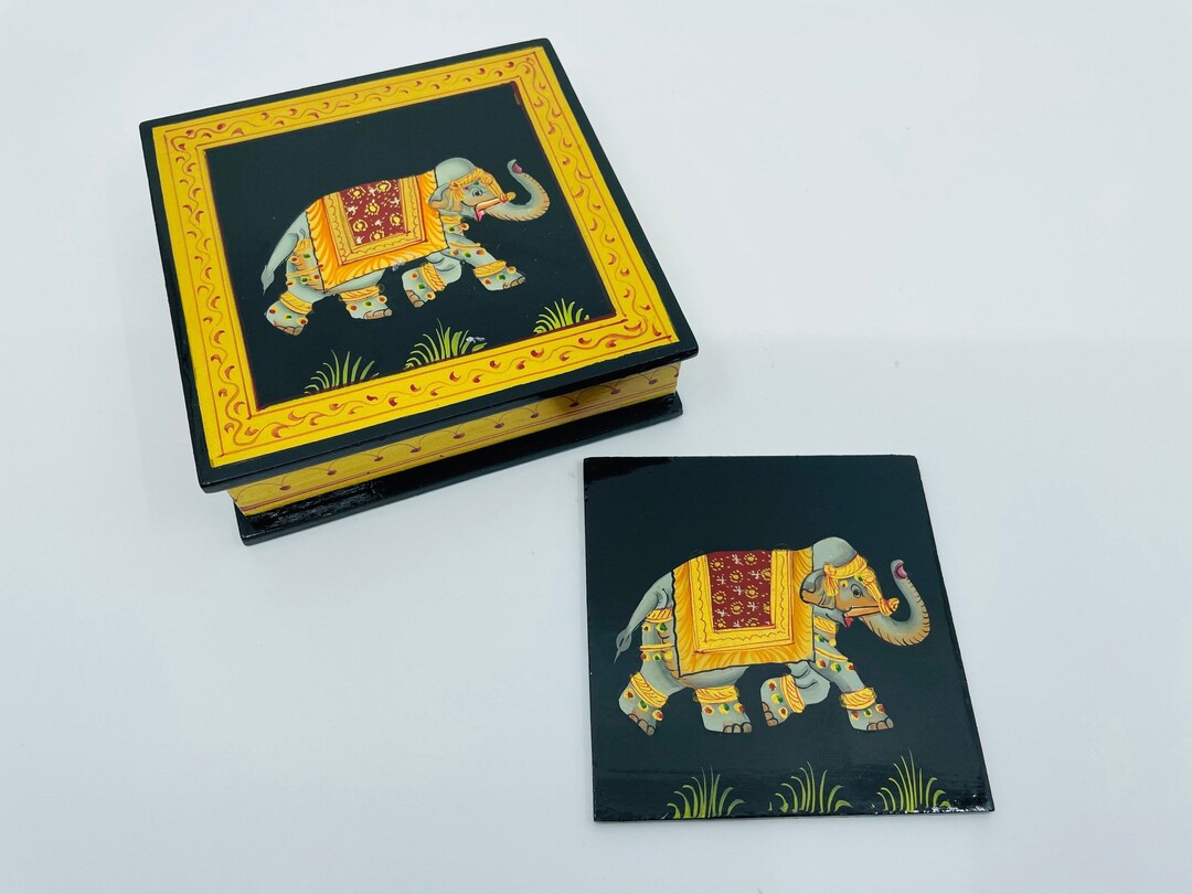 Elephant Coasters Black Lacquer India Coaster Set, Decorated Elephant ...
