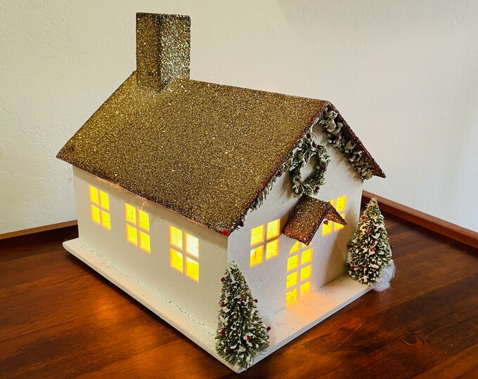 Lighted Christmas House, Large Putz Style Cottage, German Glitter ...