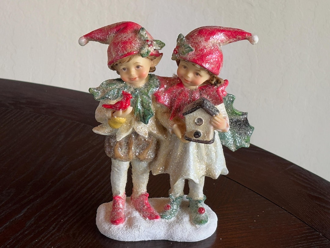Mark Roberts Christmas Elf Figurines, Two Elves With Bird & Bird House ...