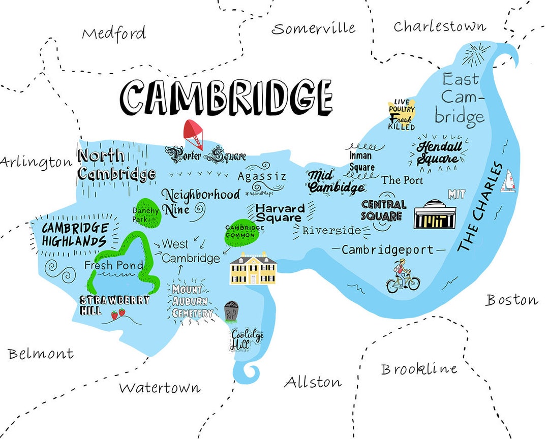 Cambridge Print, Massachusetts Map, Neighborhoods, Harvard Square ...