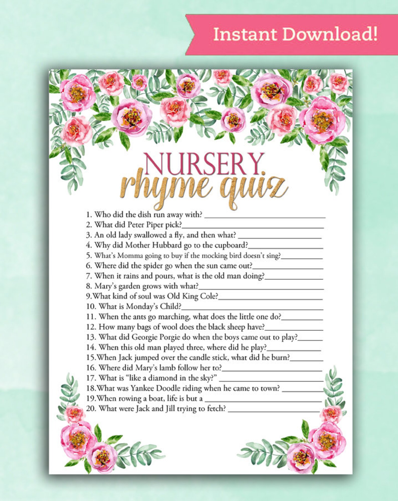 Baby Shower Game Nursery Rhyme Quiz Pink Floral Peony | Etsy