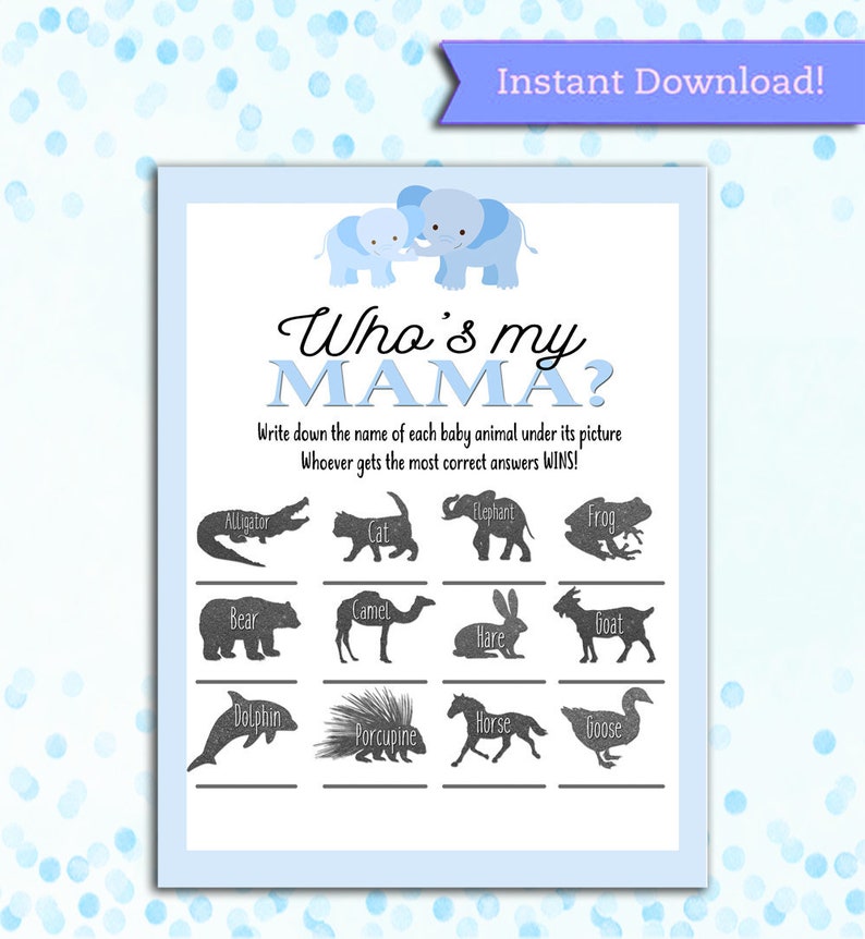 Baby Shower Game Printable Whos My Mama Blue Elephants | Etsy