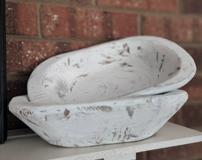 White Wood Dough Bowl Distressed Home Accent Tray Mini Size 10x6 ...