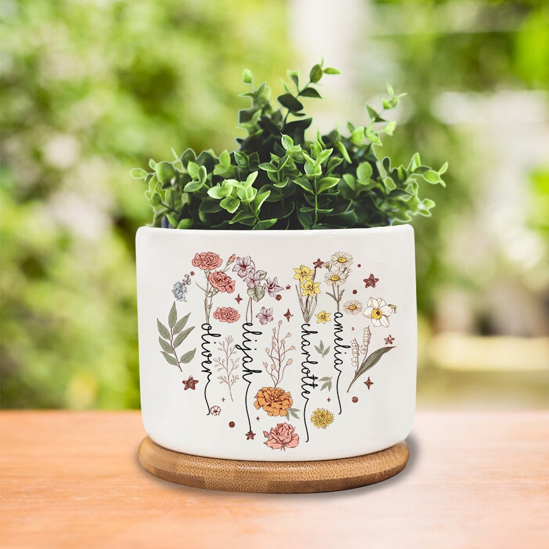 Customised Birth Month Flowers Plant Pot, Outdoor Flower Pot Gift ...