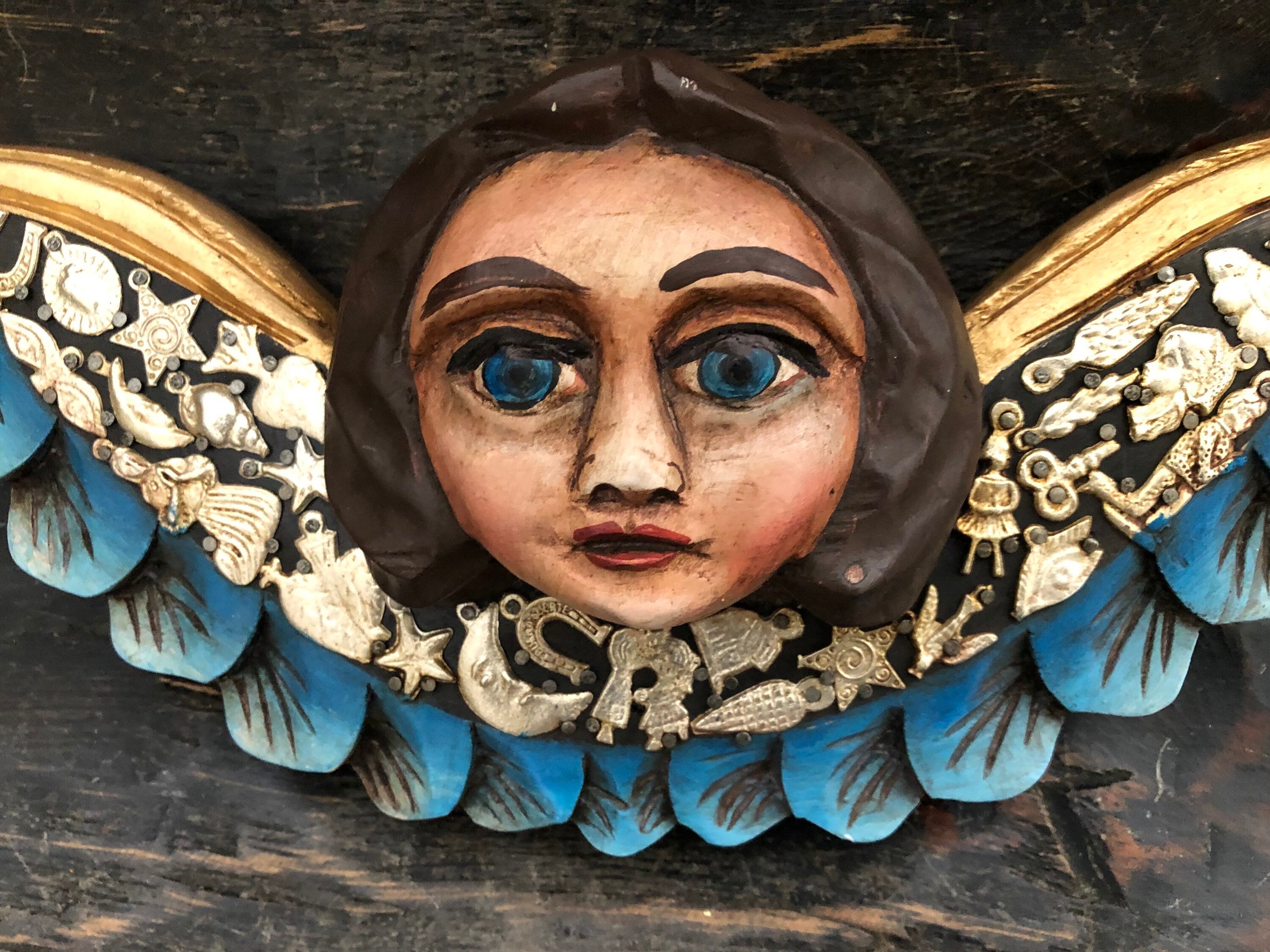 MILAGROS ANGEL, Carved Wood Angel With Charms, Wall Cherub Plaque