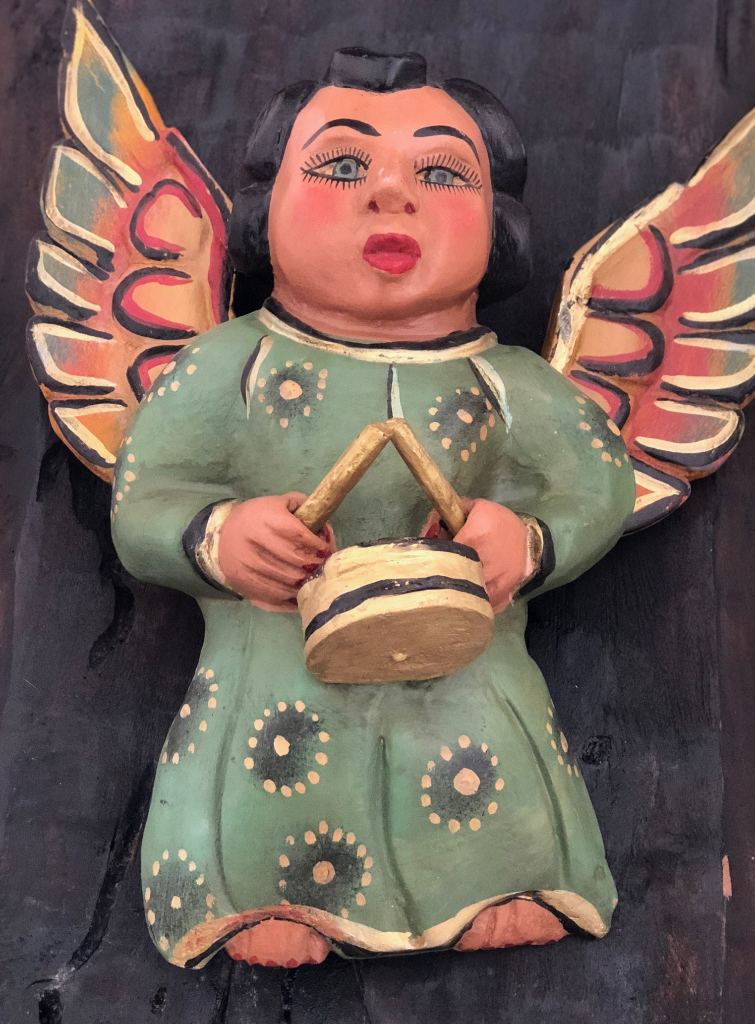 Carved Wood Angel with Drum