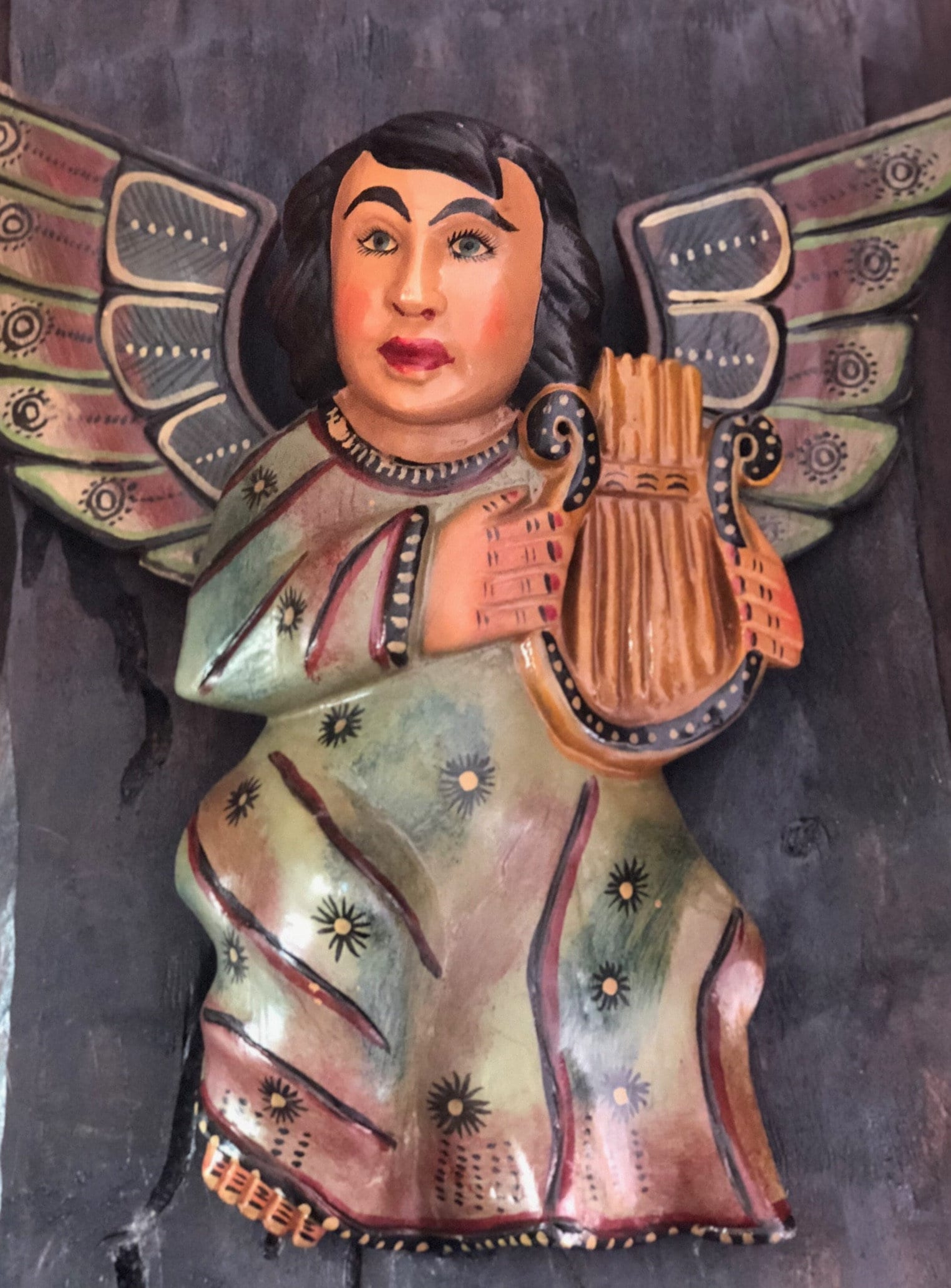 Carved Wood Angel with Harp, Full Body Winged Angel, Colonial Spanish ...