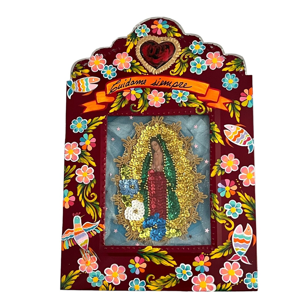 VIRGIN GUADALUPE Mexican Tin Nicho watch Over Me LARGE 13 Embellished ...