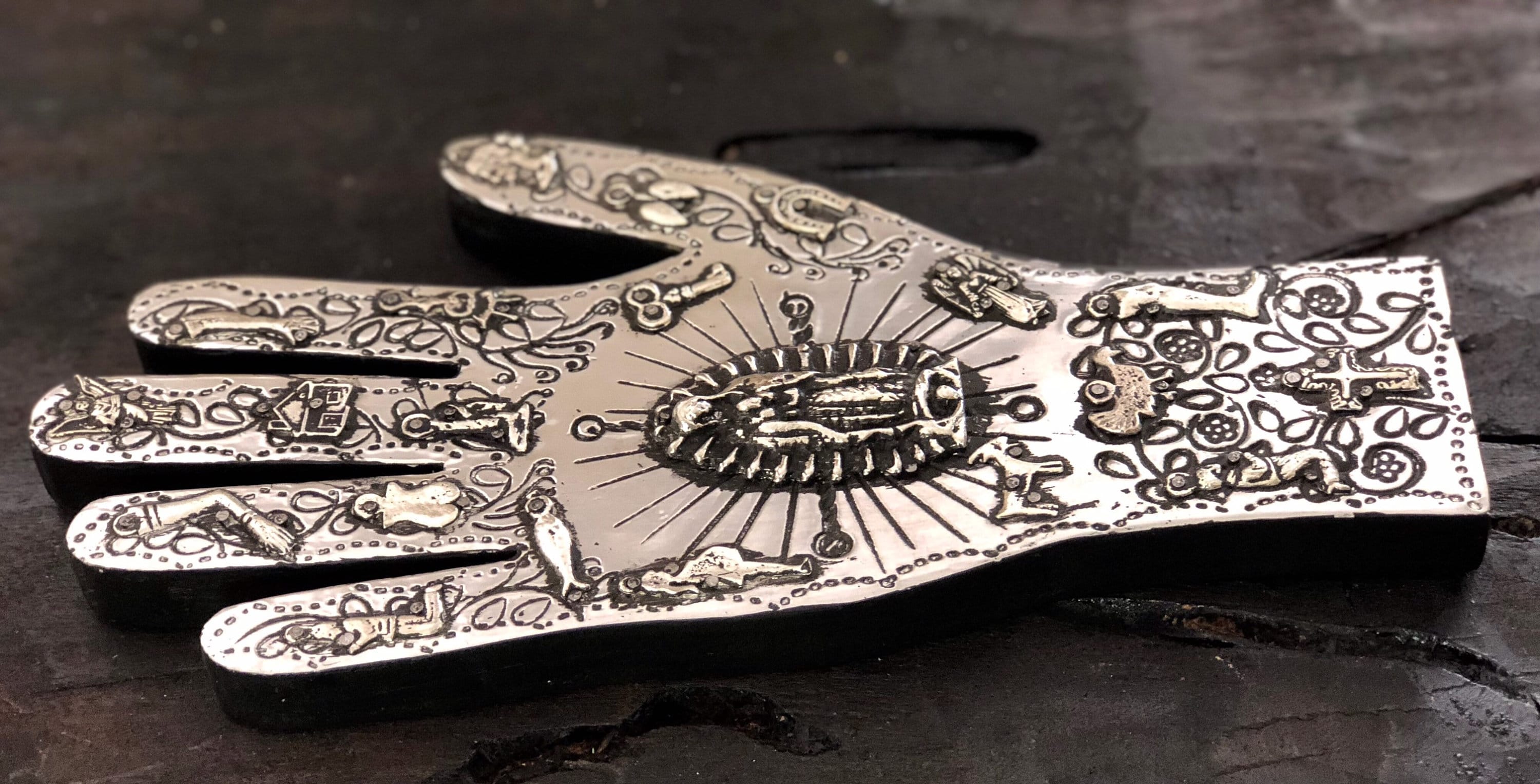 Milagros Hand with Embossed Tin, 11.5