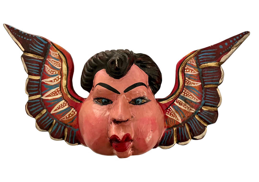 WOOD ANGEL Mask, Mexican Painted Angel, Hanging Cherub, Cacheton ...