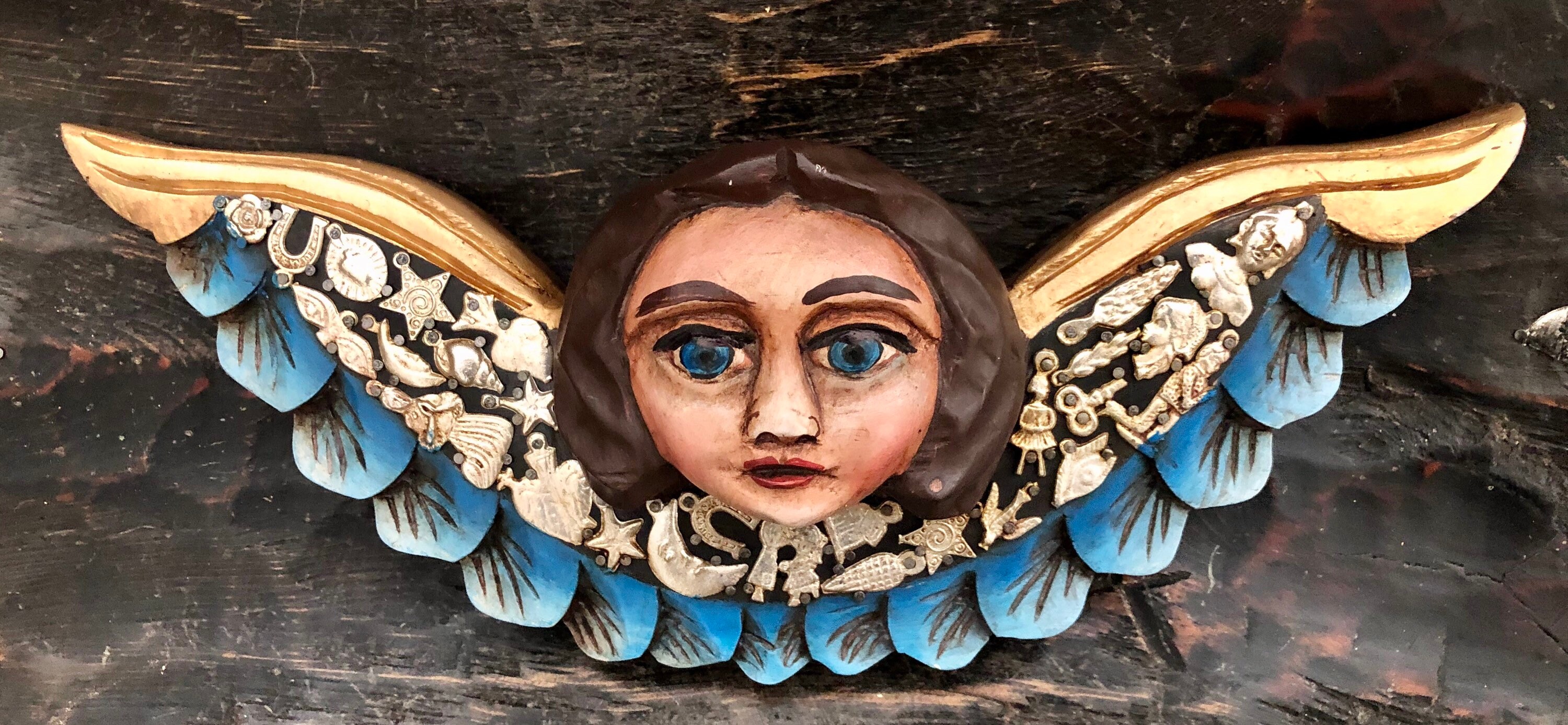 MILAGROS ANGEL, Carved Wood Angel With Charms, Wall Cherub Plaque