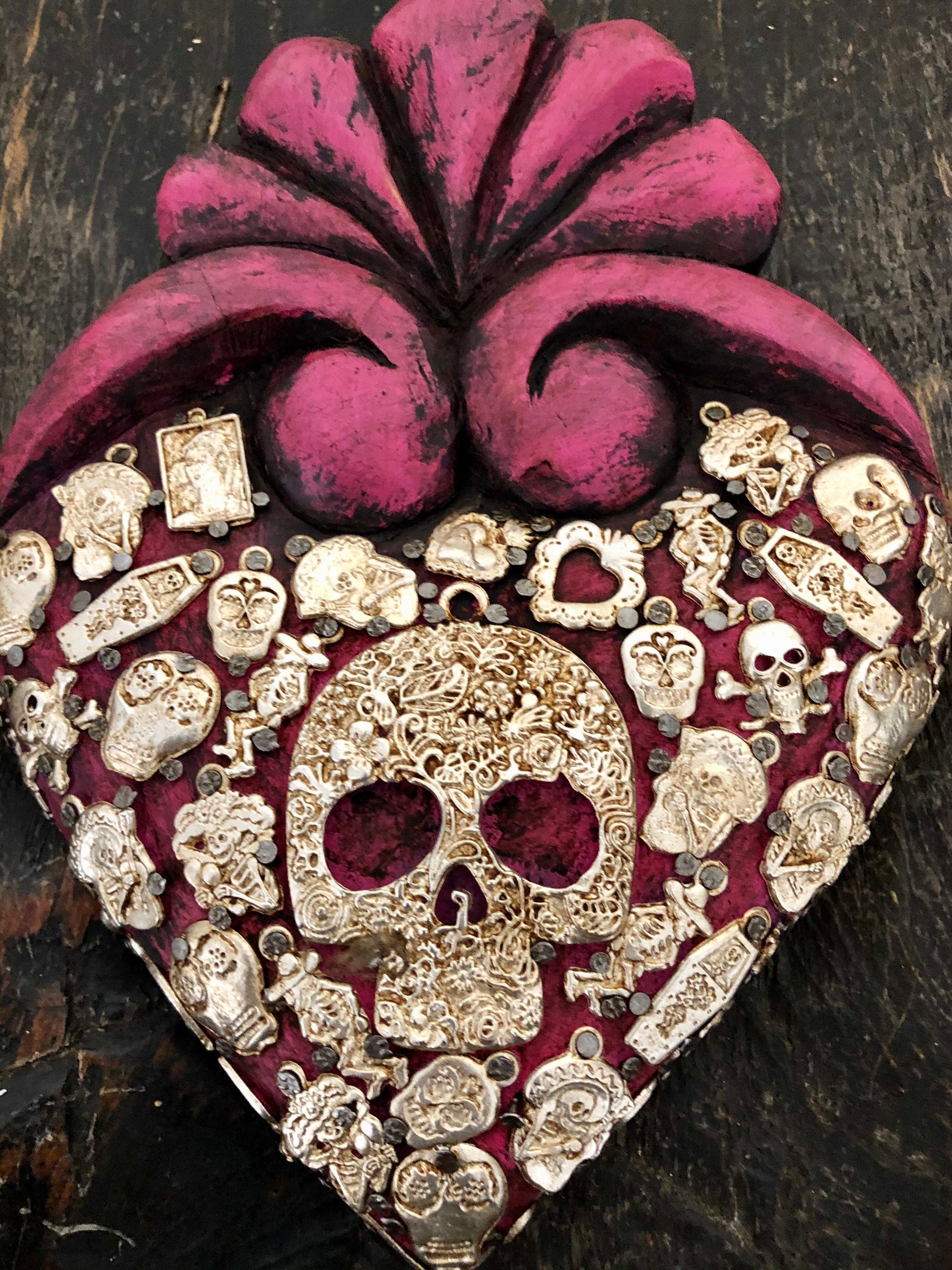 Day of the Dead Heart with Charms, Sugar Skull MILAGROS HEART