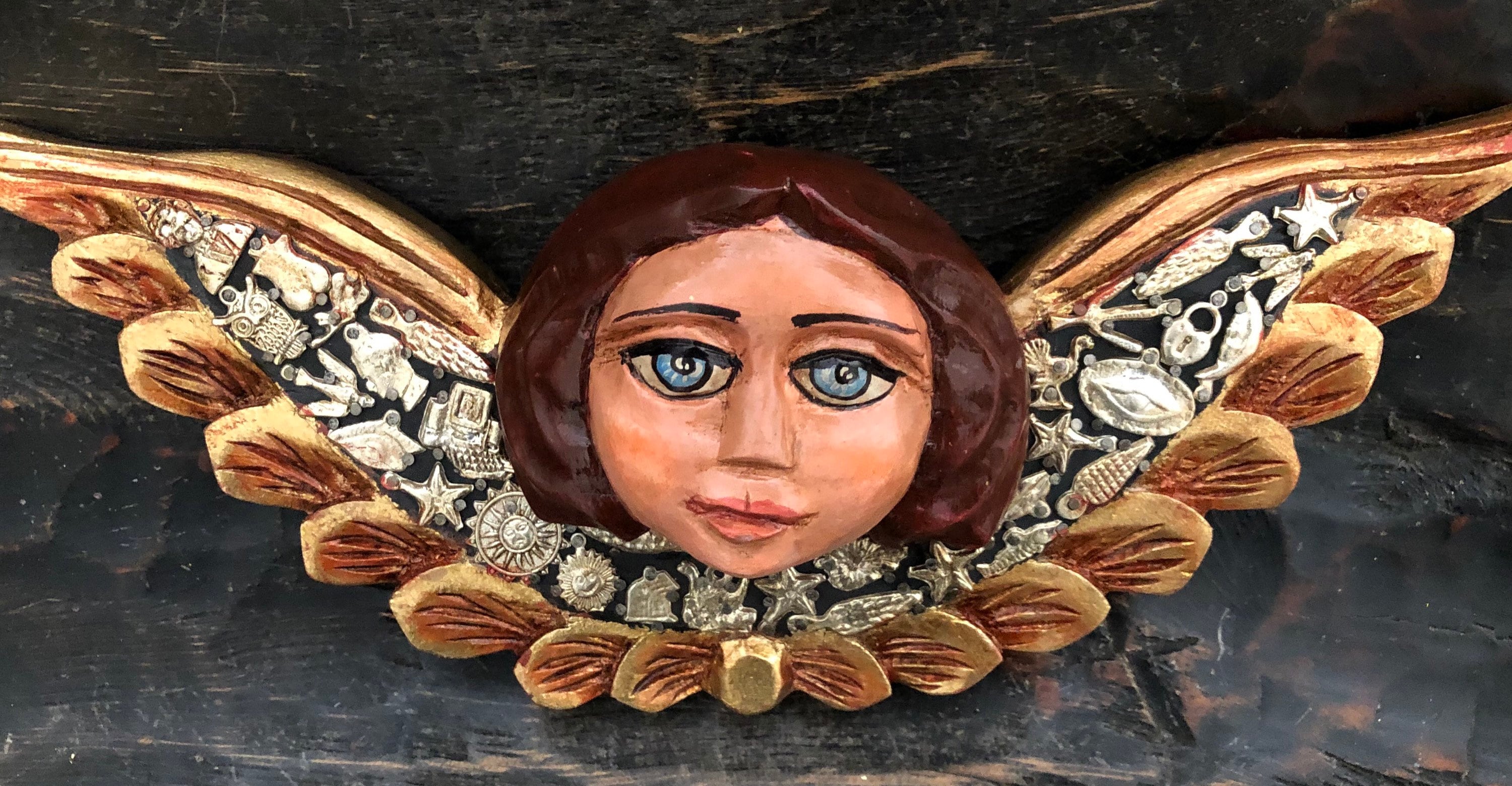 MILAGROS ANGEL, Carved Wood Angel With Charms, Wall Cherub Plaque