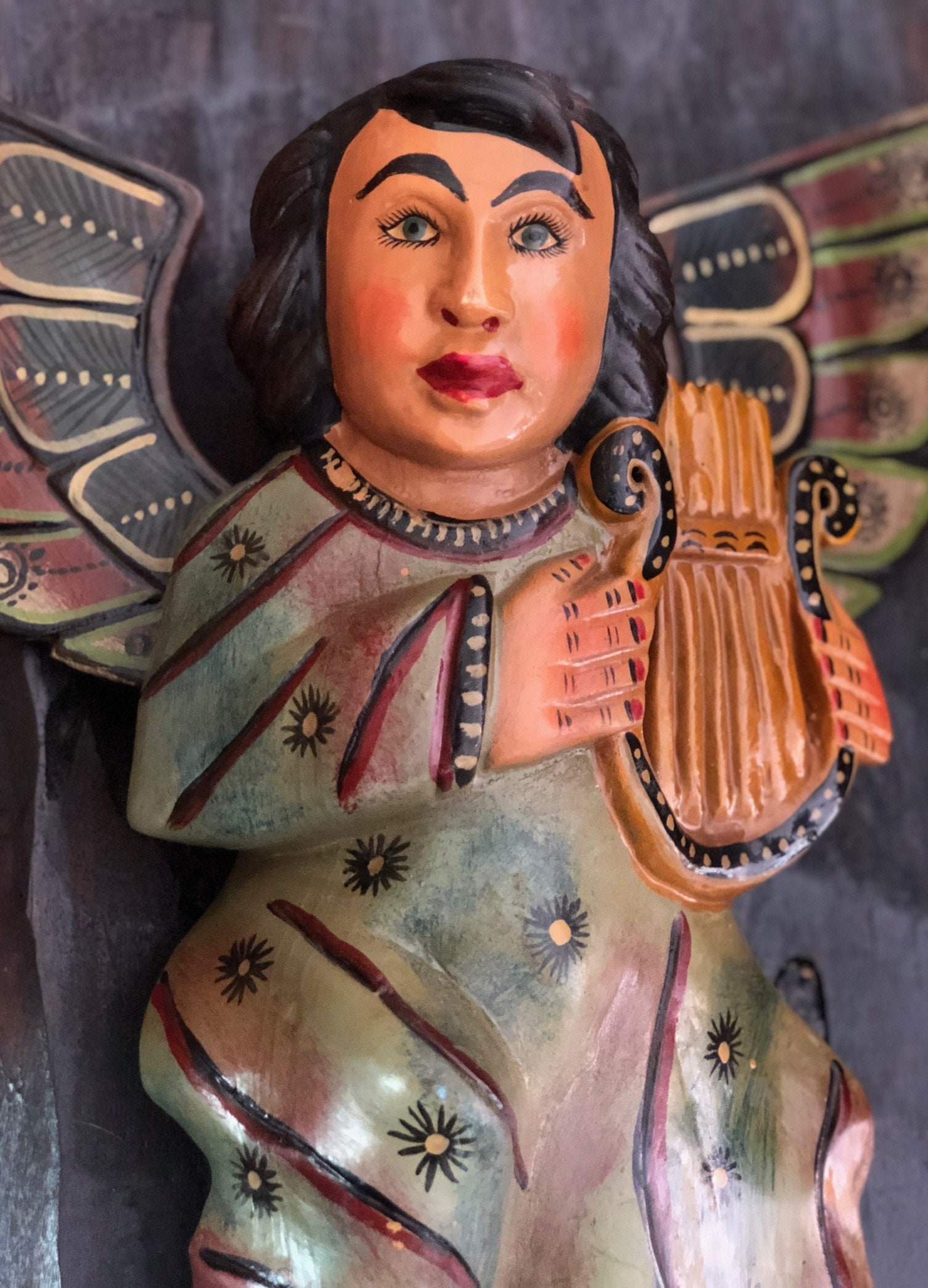 Carved Wood Angel with Harp, Full Body Winged Angel, Colonial Spanish ...