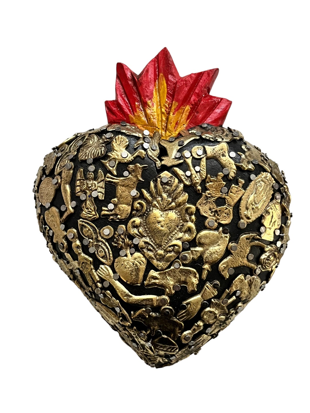Mexican MILAGROS Sacred HEART, Heart With Charms, Black Exvotos Corazon ...