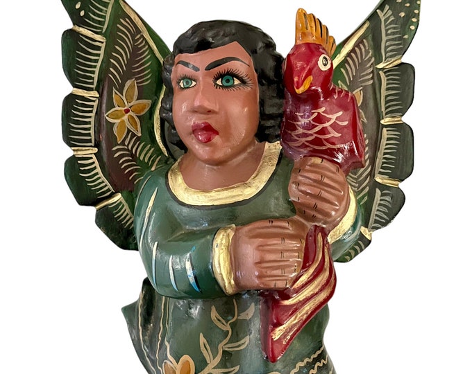 Mexican ANGEL With Rooster, LG Hanging Carved Wood Angel Holding Bird ...