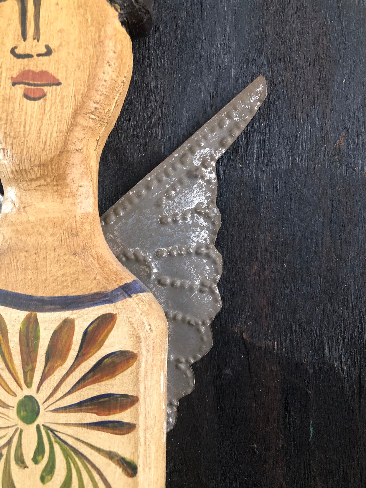 VINTAGE Standing Painted WOOD ANGEL Tin Wings Mexican Folk Art Lg 20”H