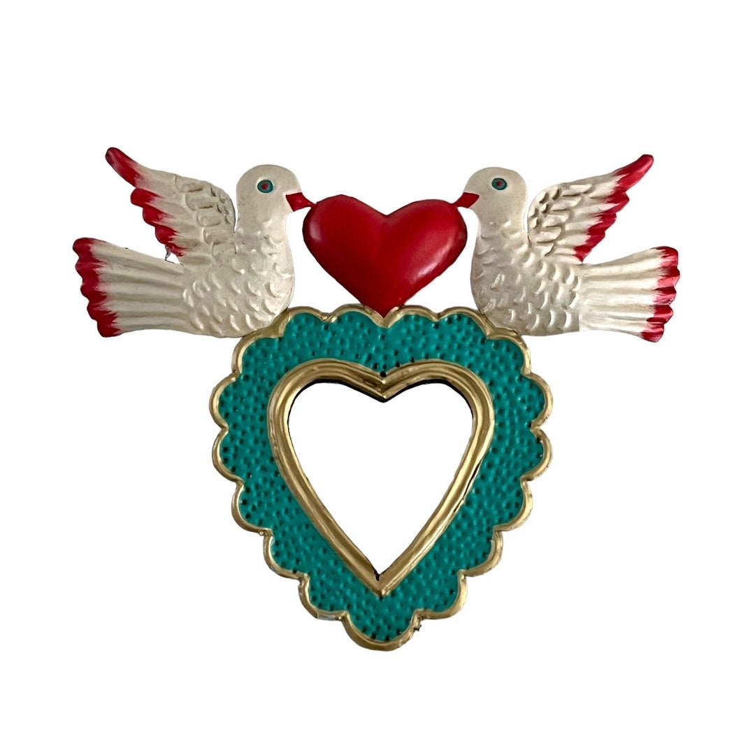 Tin HEART With DOVES and MIRROR, Sacred Heart, Mexican Tin Corazon - Etsy