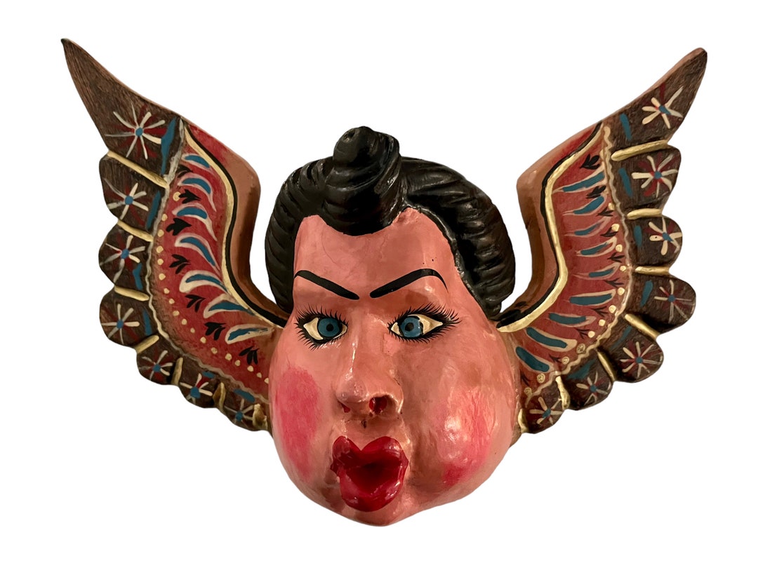 WOOD ANGEL Mask, Mexican Painted Angel, Hanging Cherub, Cacheton ...