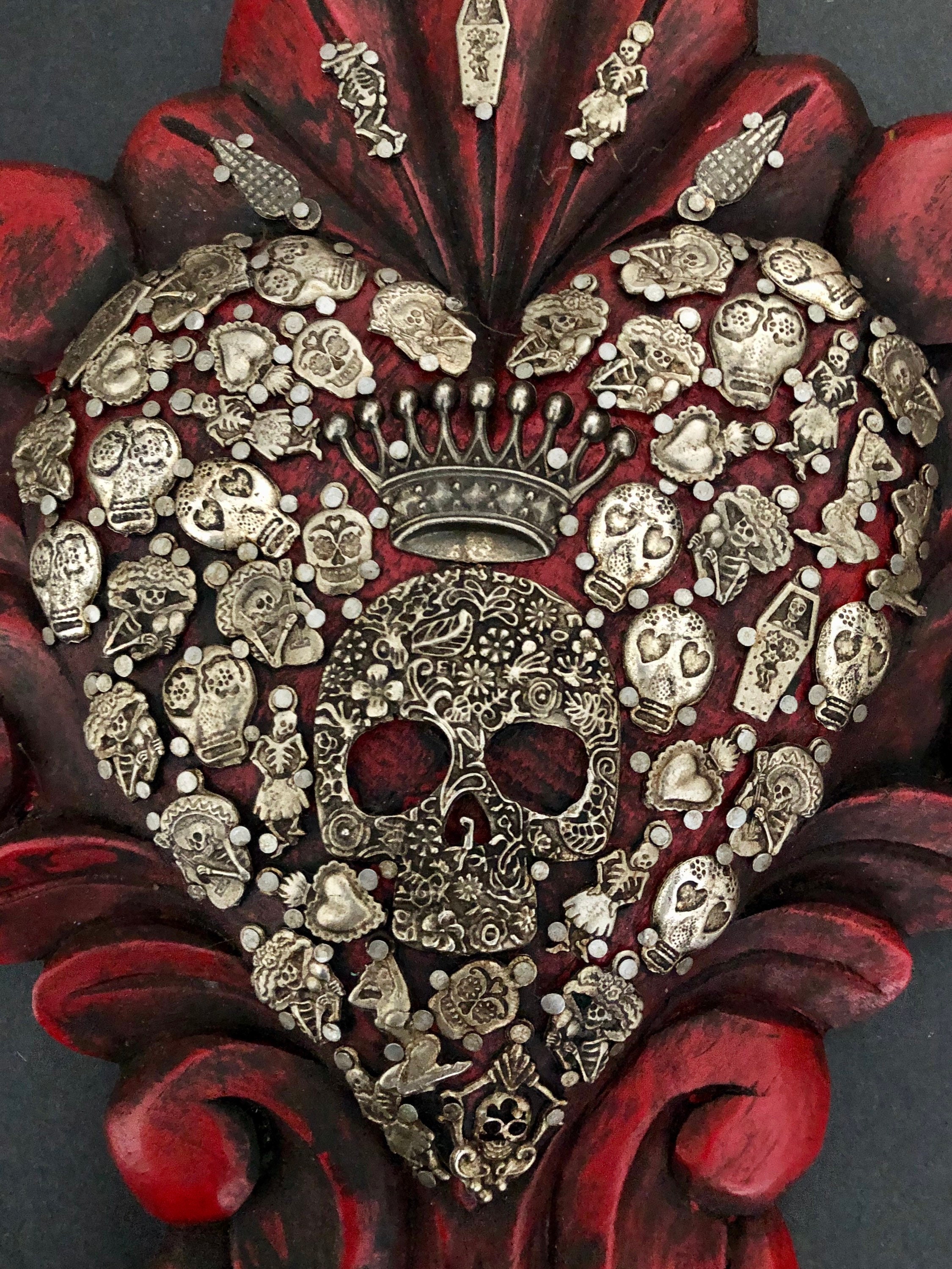 Day of the Dead Heart with Charms, Sugar Skull MILAGROS HEART