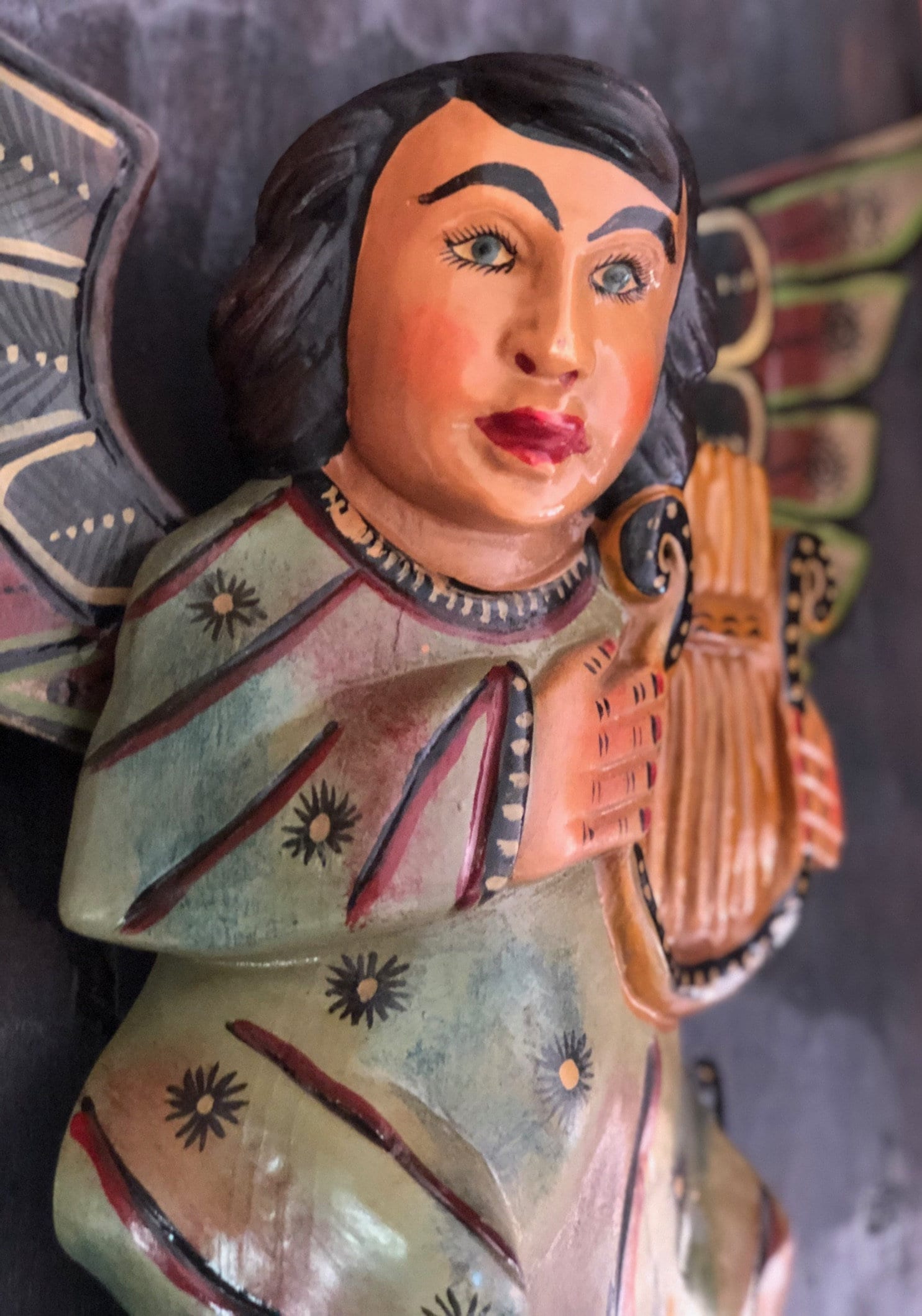 Carved Wood Angel with Harp, Full Body Winged Angel, Colonial Spanish ...