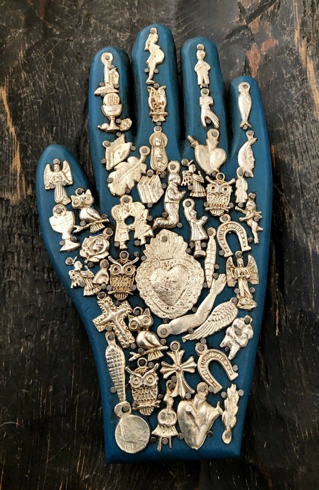 Blue MILAGROS HAND, Left Hand with Charms, Healing Hand