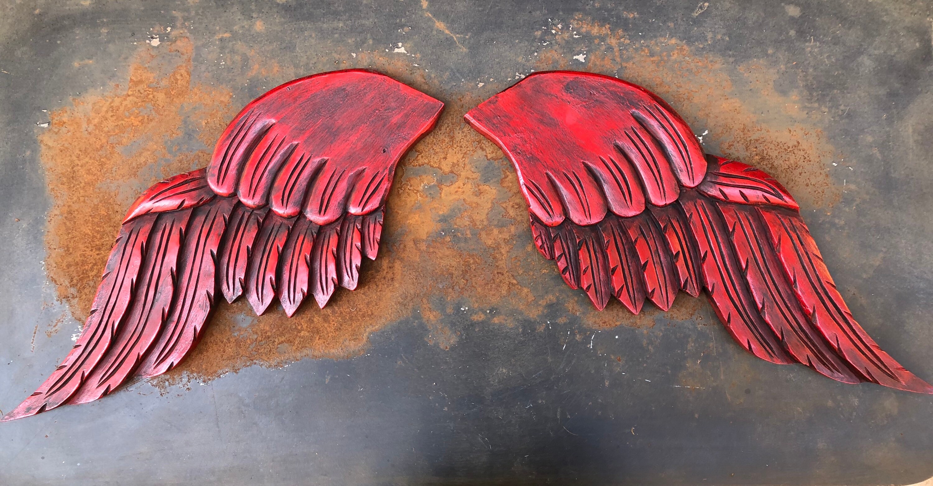 Carved Wood Wings Set, Pair Red Angel Wings