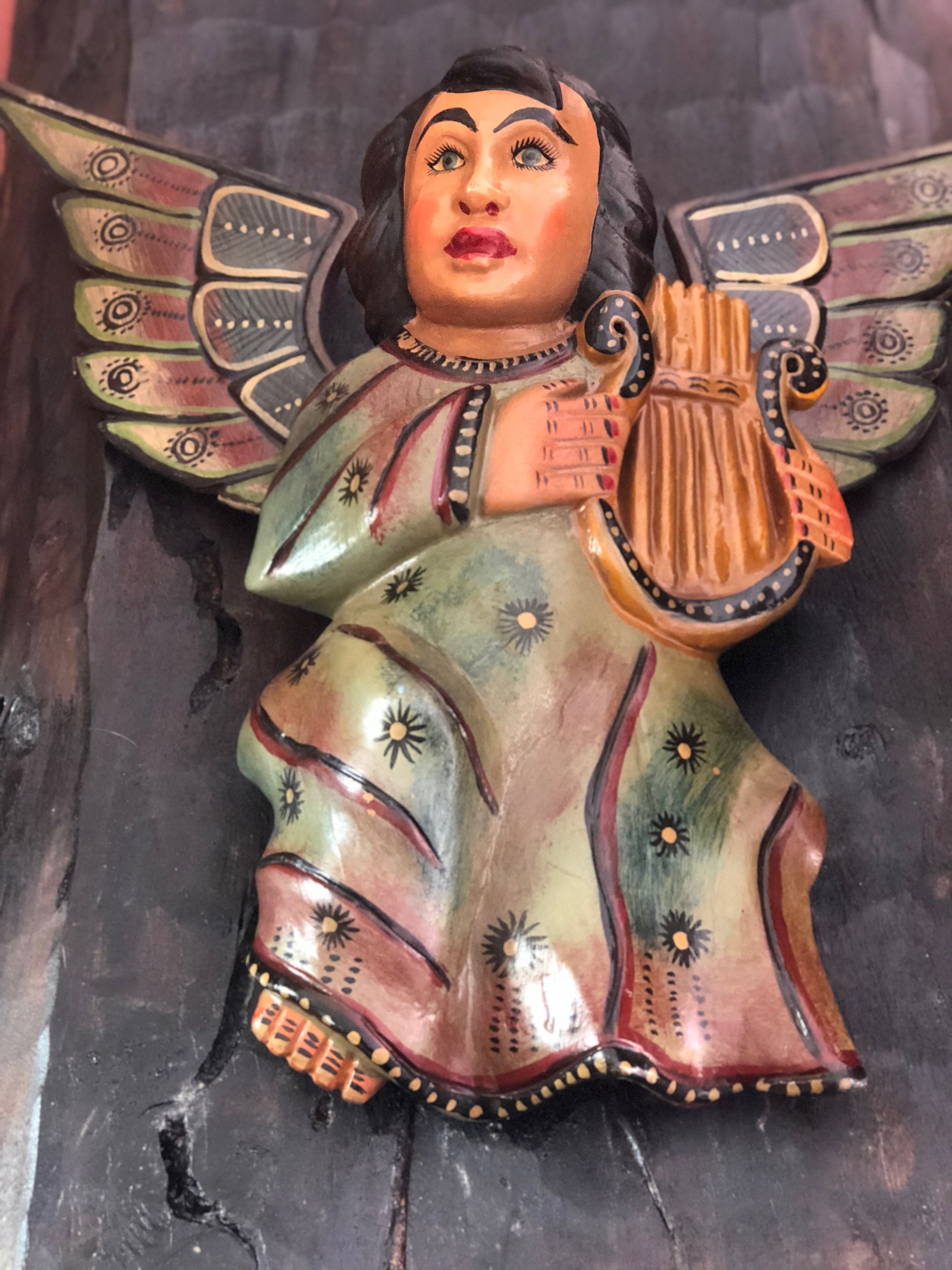 Carved Wood Angel with Harp, Full Body Winged Angel, Colonial Spanish ...