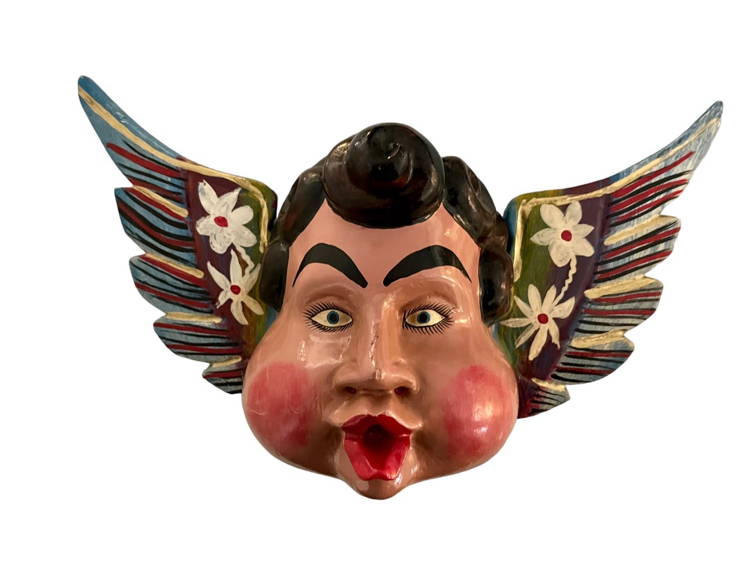 WOOD ANGEL Mask, Mexican Painted Angel, Hanging Cherub, Cacheton ...