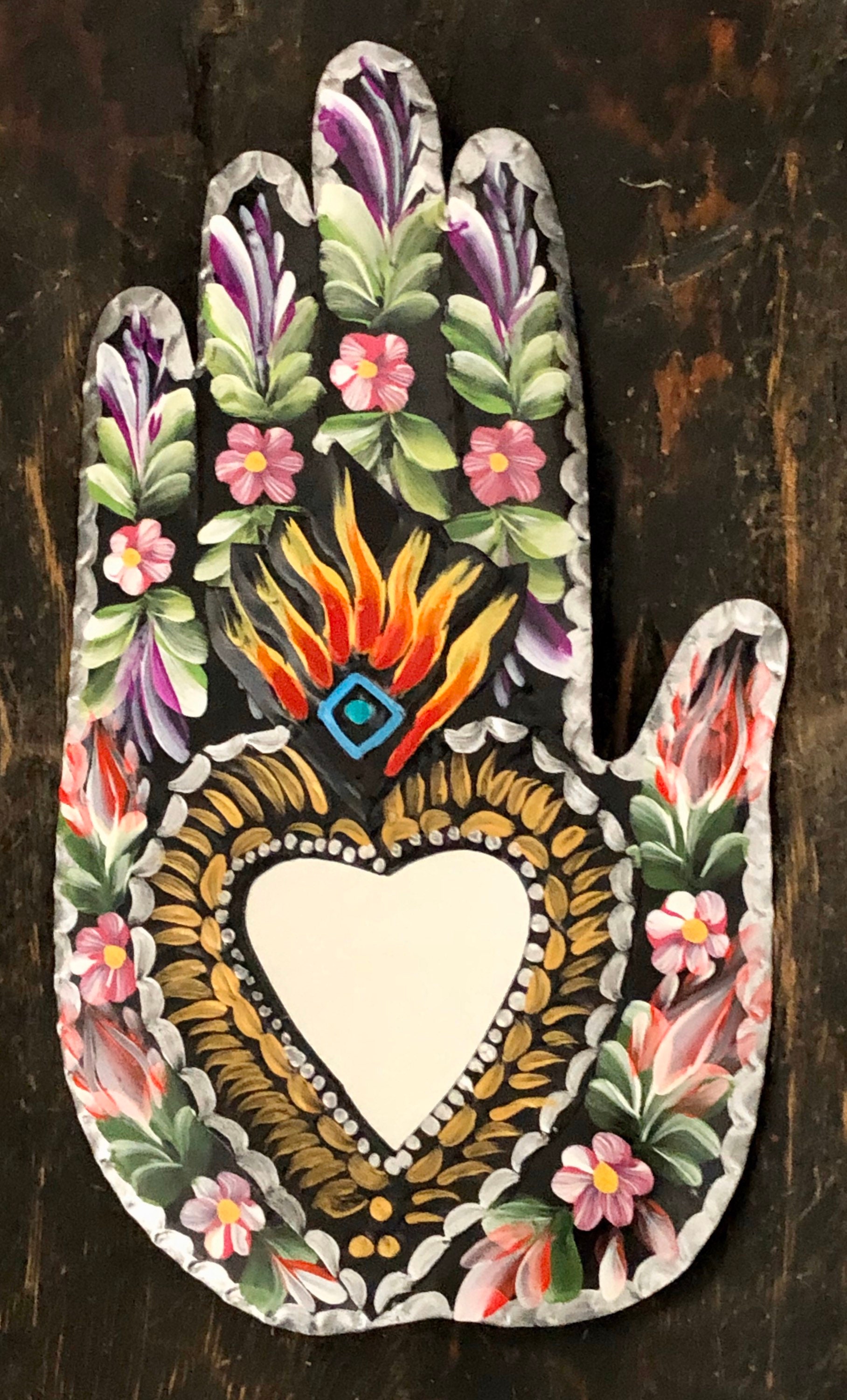 Tin HAND with SACRED HEART Mirror 11H