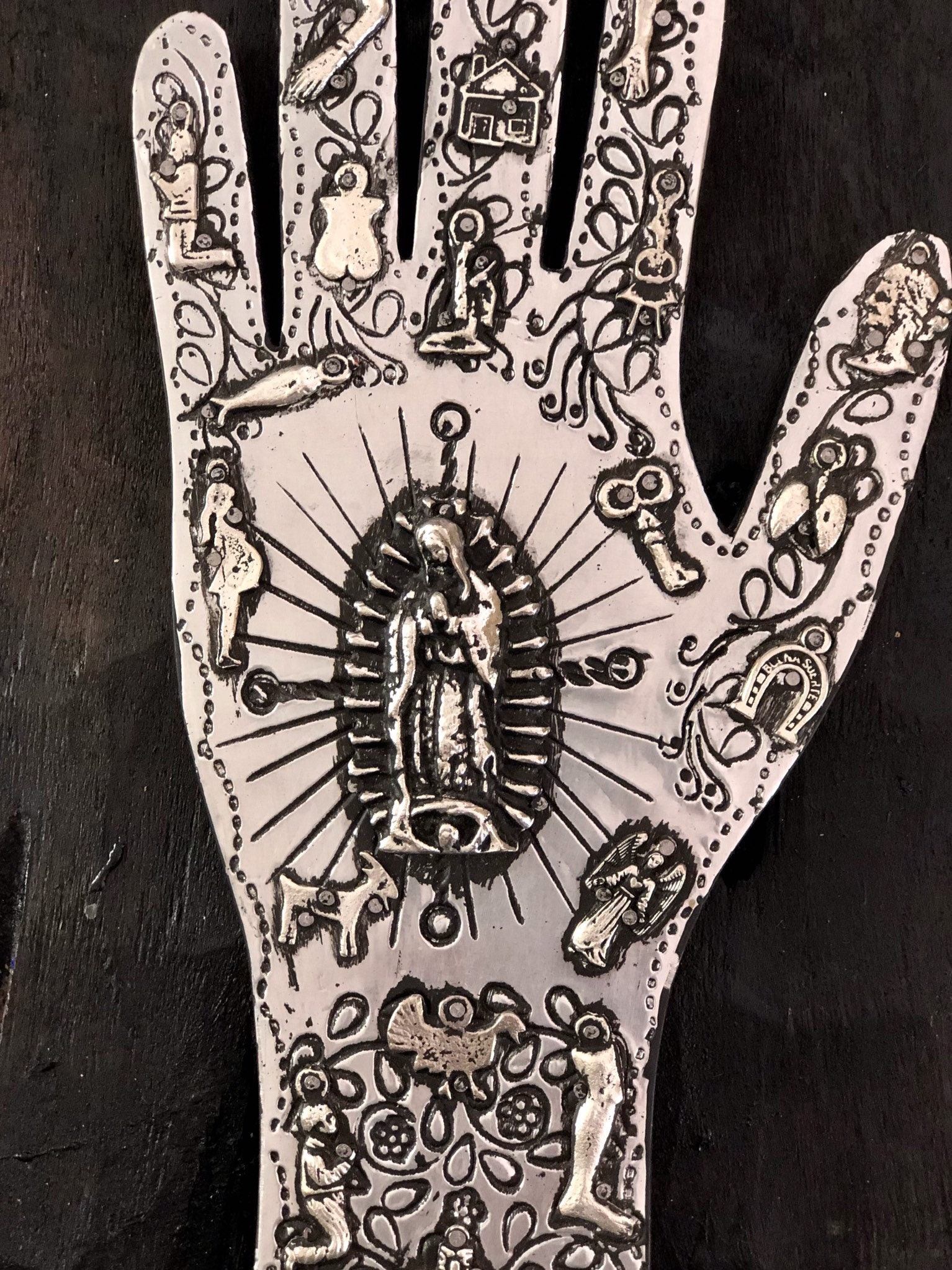 Milagros Hand with Embossed Tin, 11.5