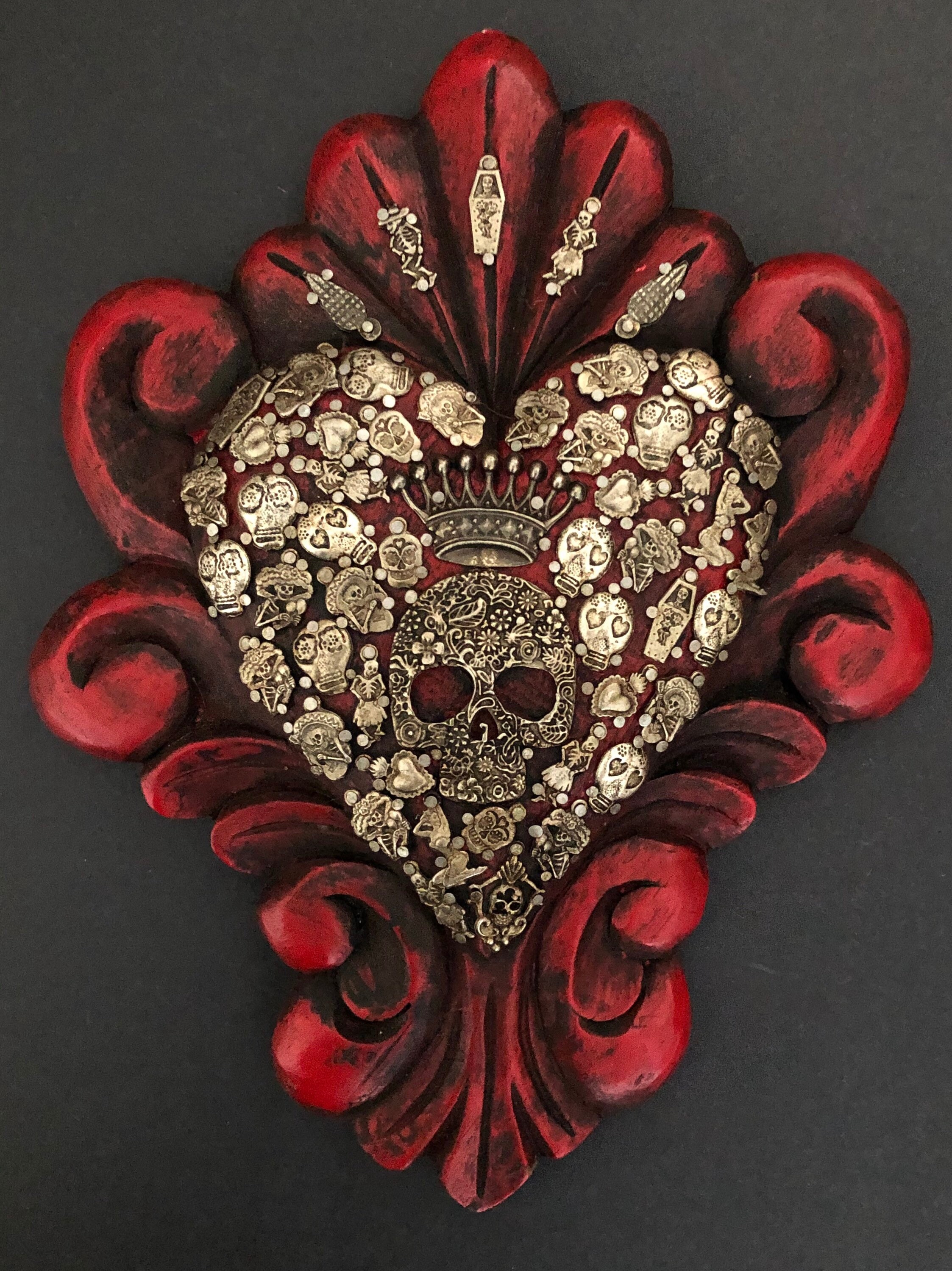 Day of the Dead Heart with Charms, Sugar Skull MILAGROS HEART