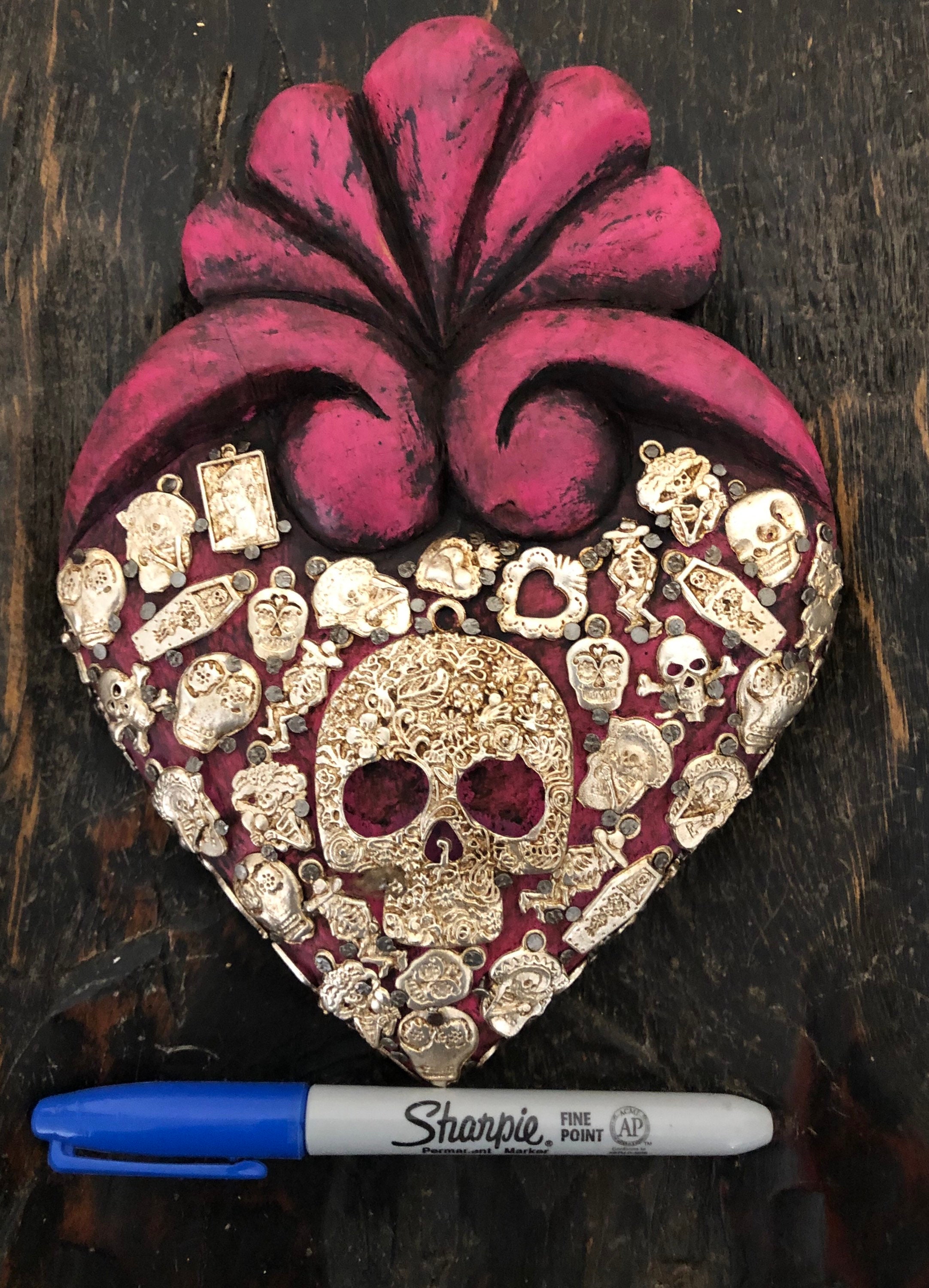 Day of the Dead Heart with Charms, Sugar Skull MILAGROS HEART
