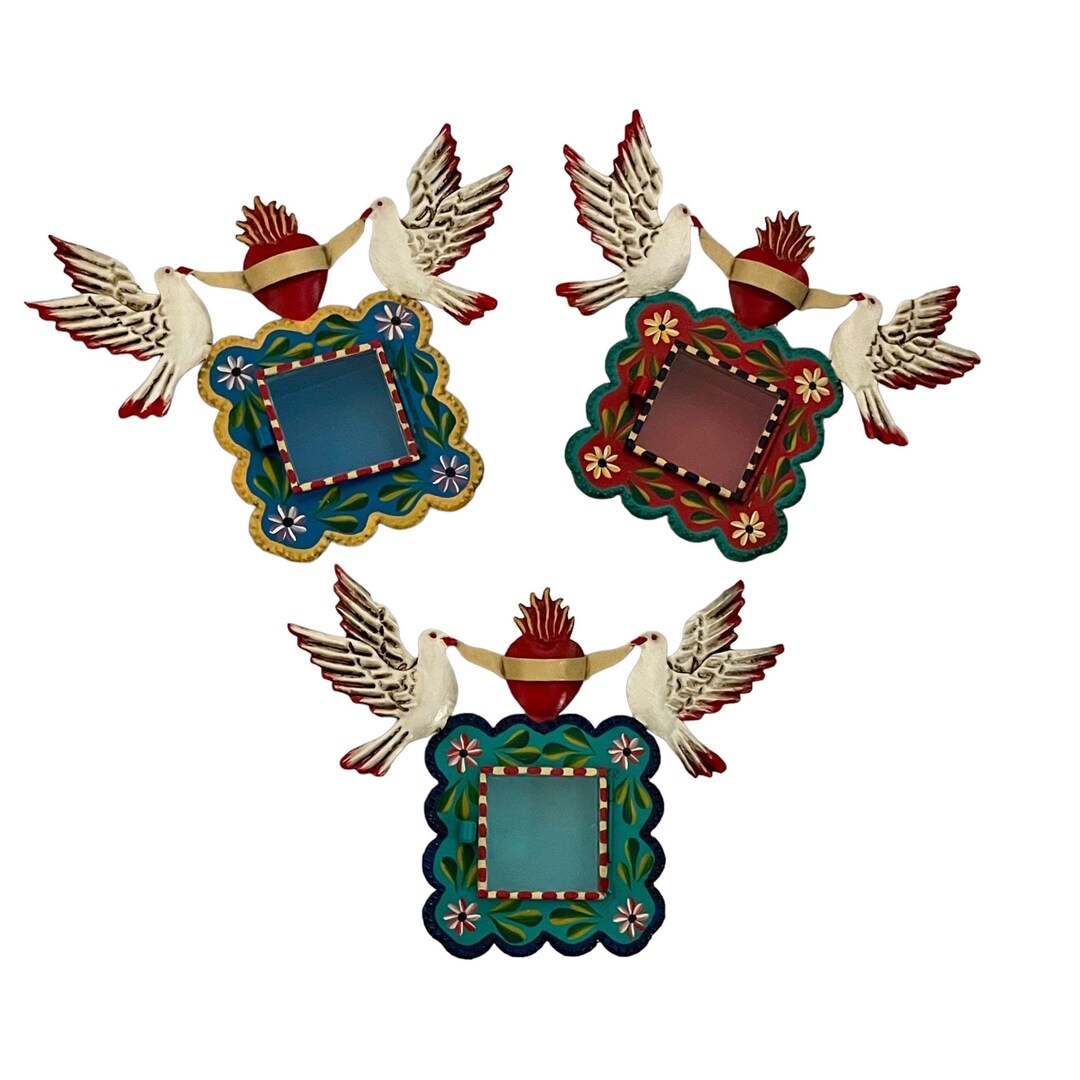 SACRED HEART Nicho With Doves, Mexican Tin Heart Nicho Frame, Palomas ...