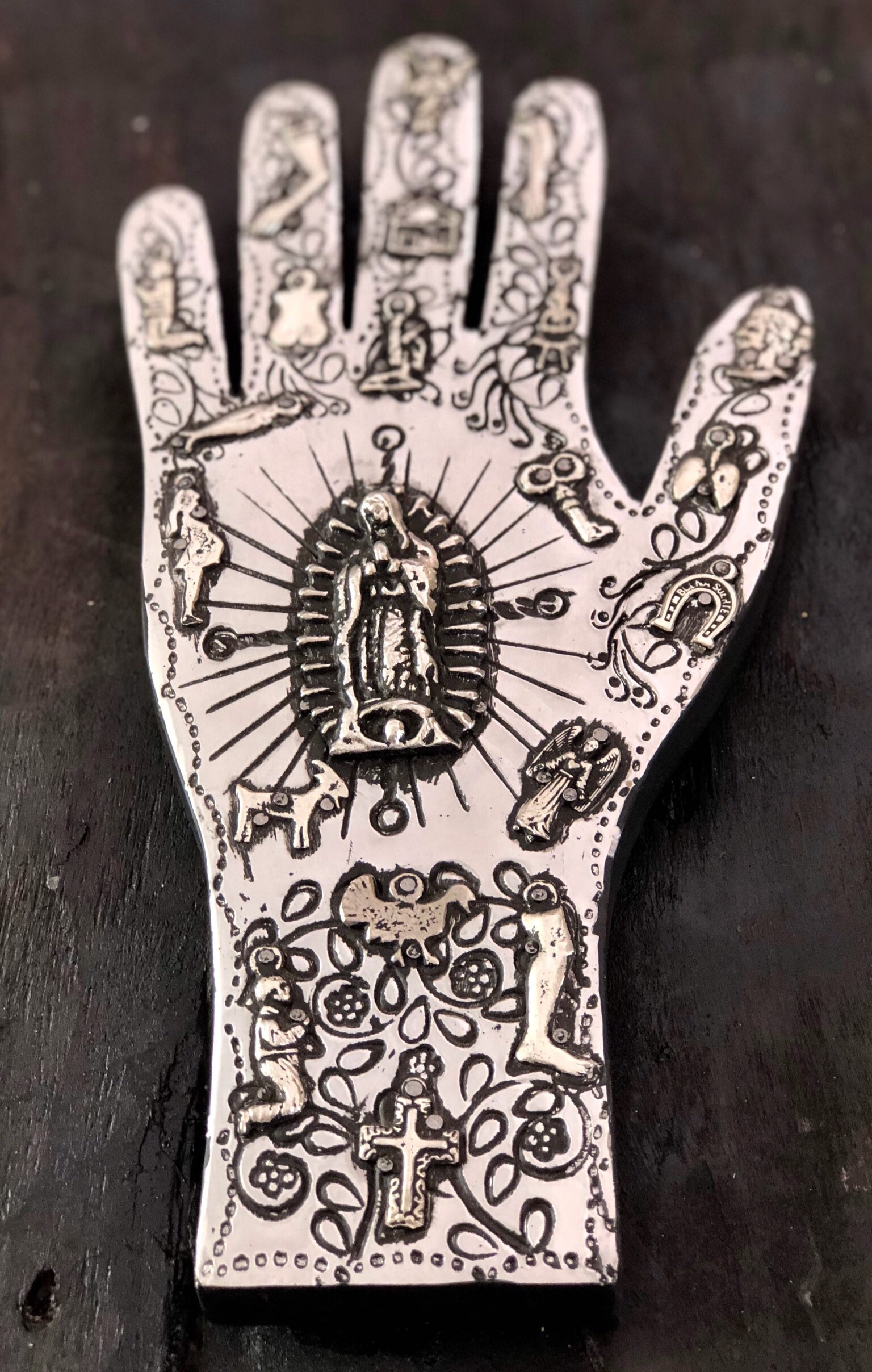 Milagros Hand with Embossed Tin, 11.5