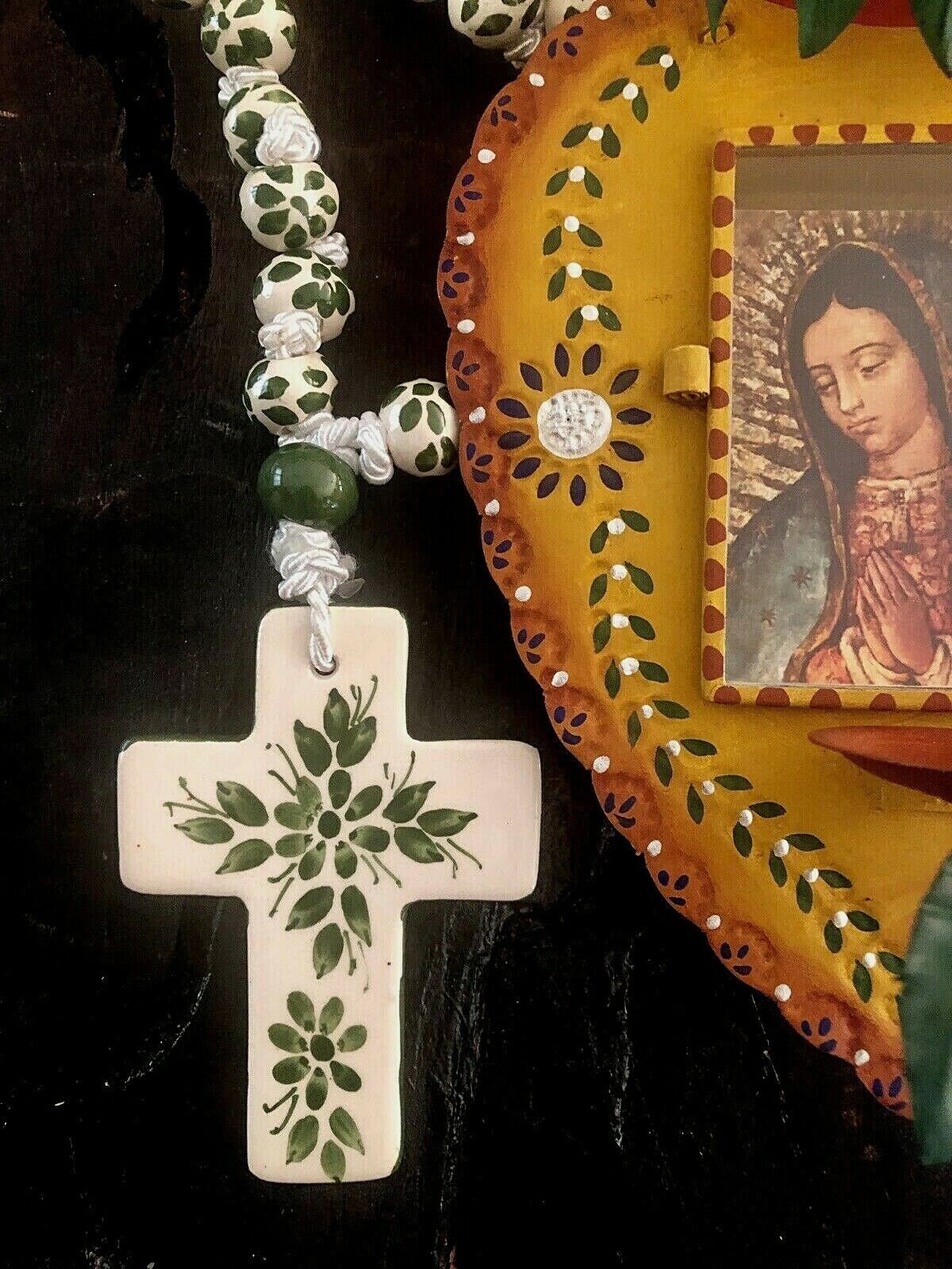 Tin SACRED HEART Nicho Frame Ceramic ROSARY Beads