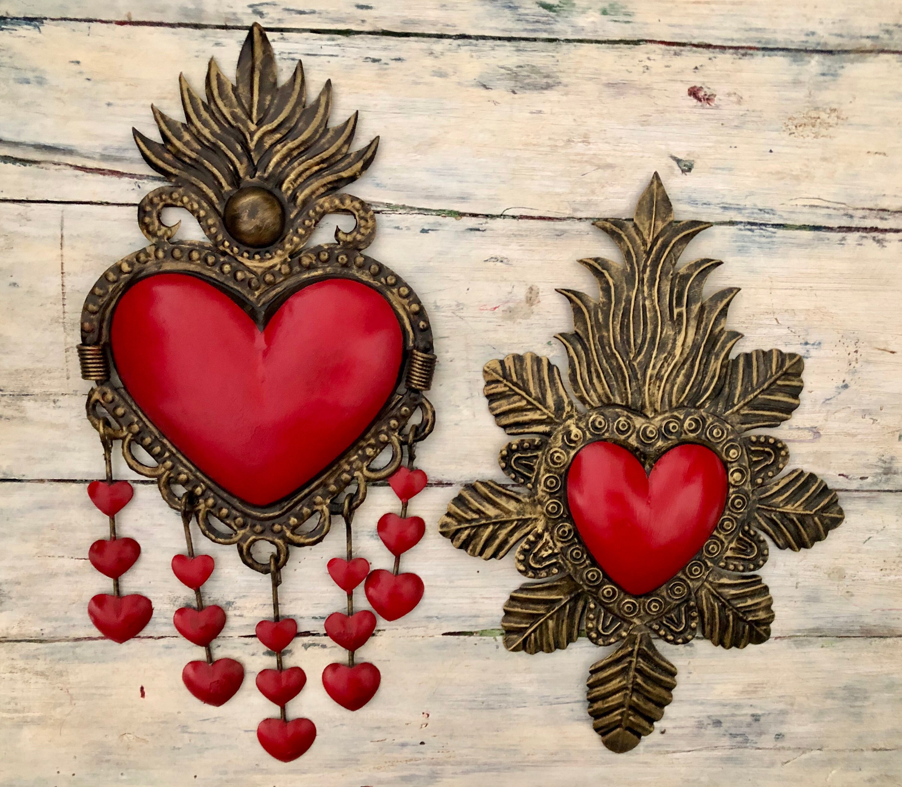 TIN HEARTS SET, Heart with Hanging Hearts, Sacred Heart with Flames