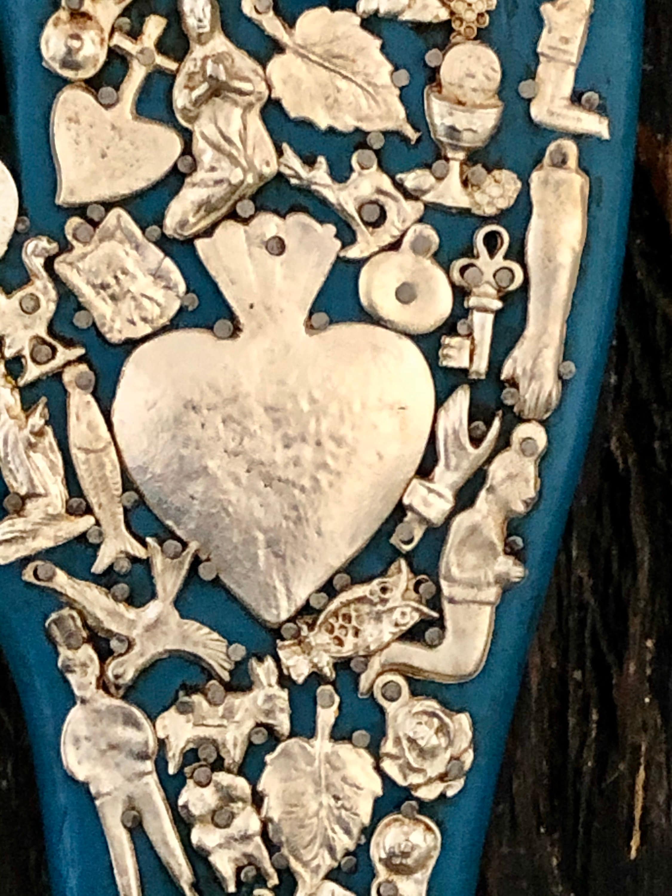 Blue MILAGROS HAND - Wood Hand with Charms, Healing Hand