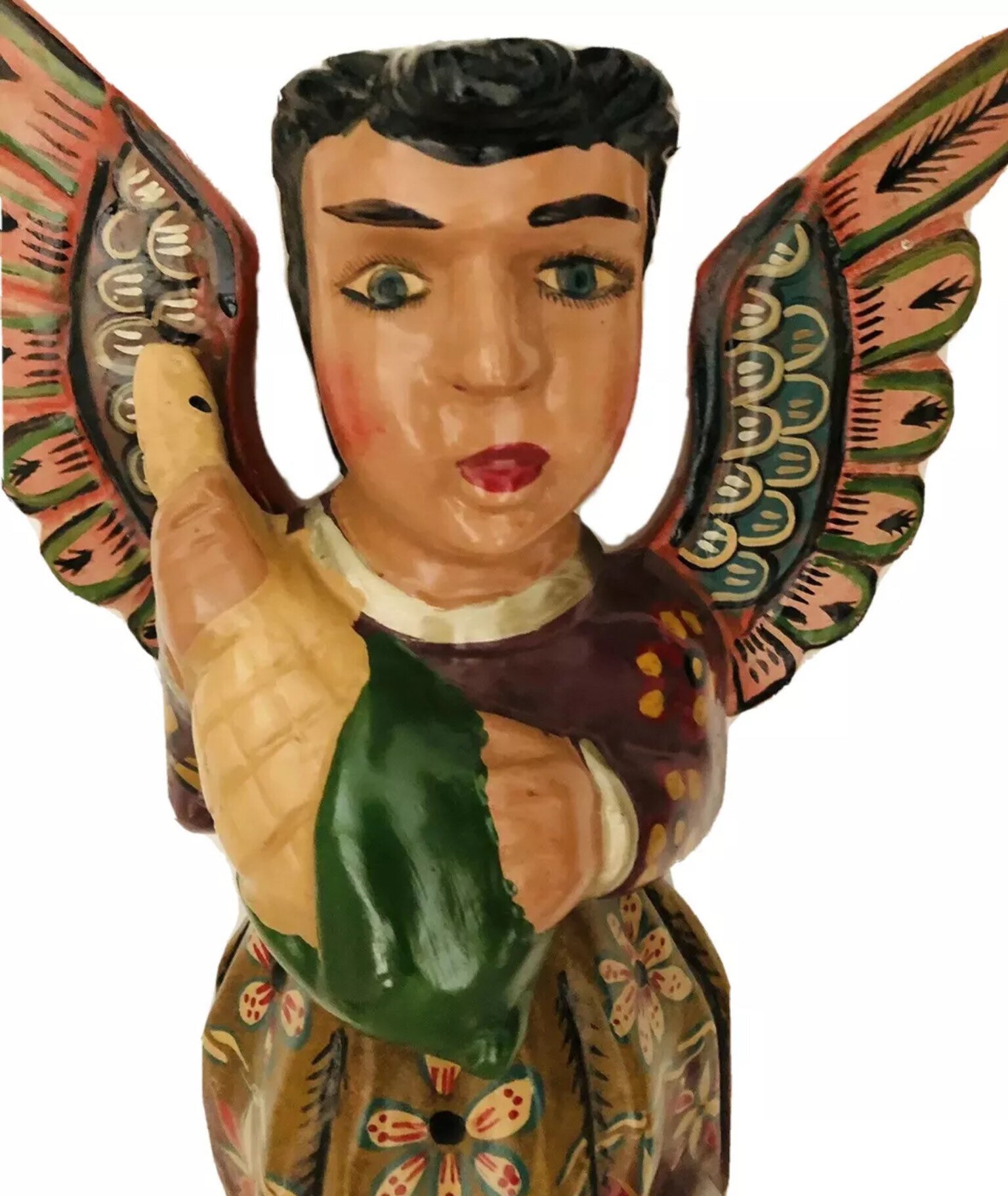 Carved WOOD ANGEL, Full Body Winged Angel holding Corn, Standing or ...