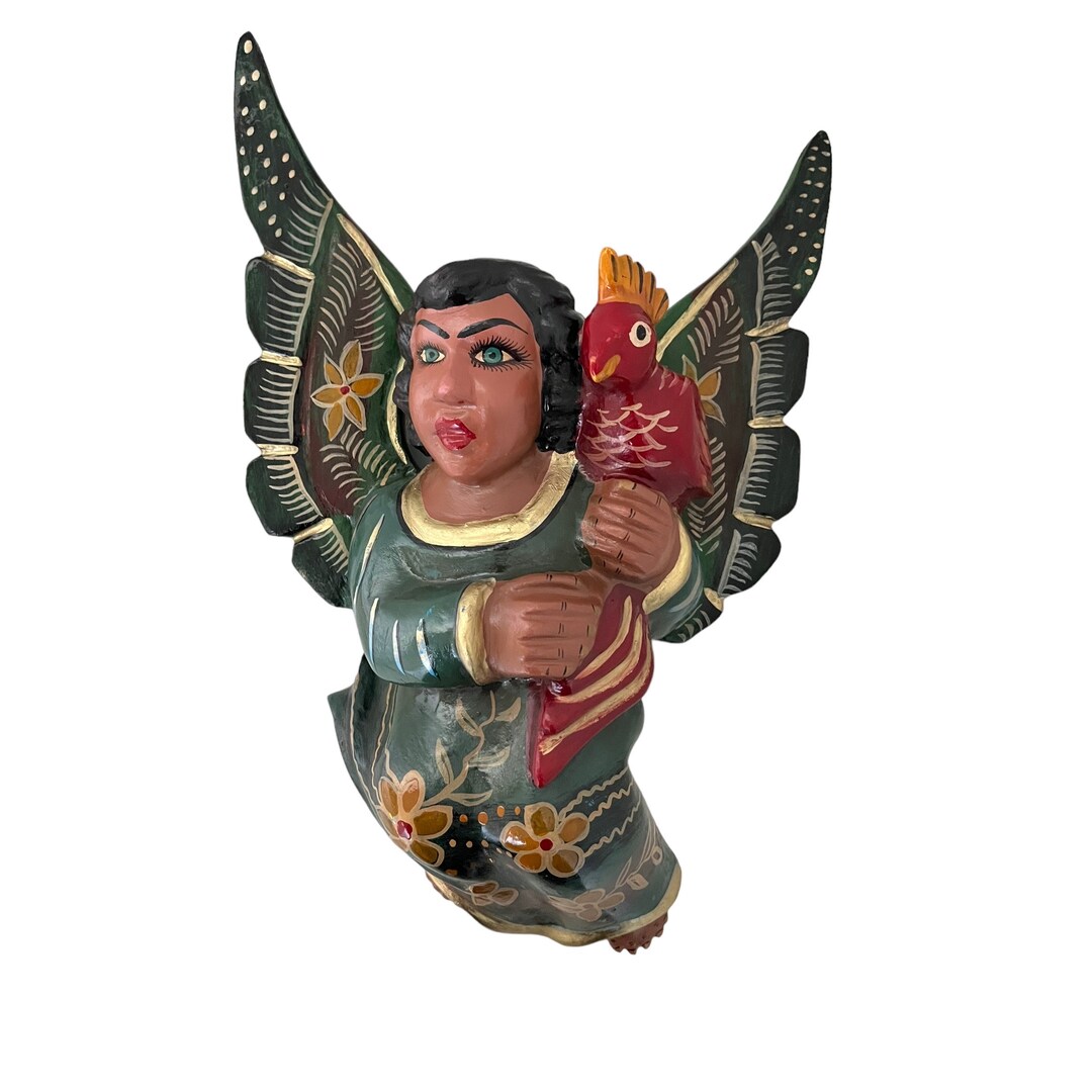 Mexican ANGEL With Rooster, LG Hanging Carved Wood Angel Holding Bird ...